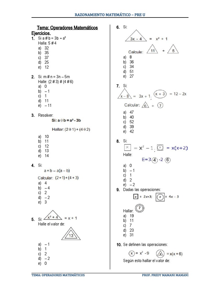 RM - Operadores Matemáticos - Pre U | PDF