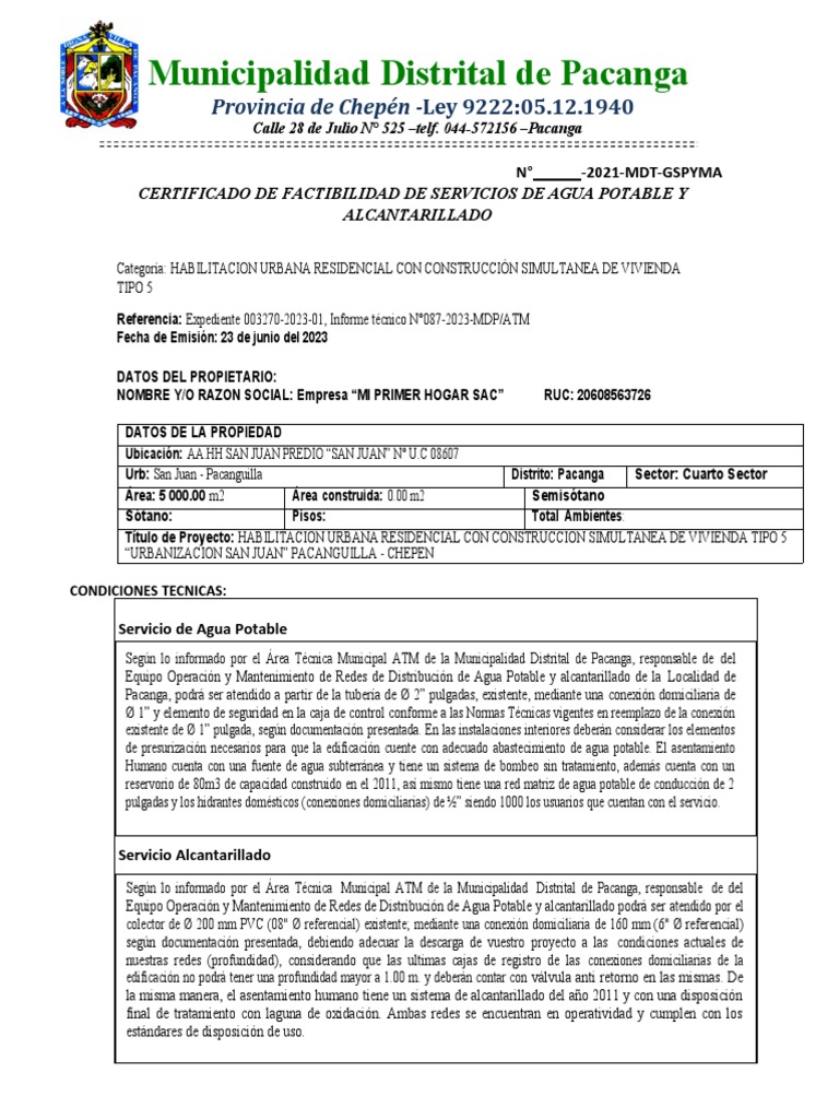 Factibilidad Certificado | PDF | Alcantarillado | Agua