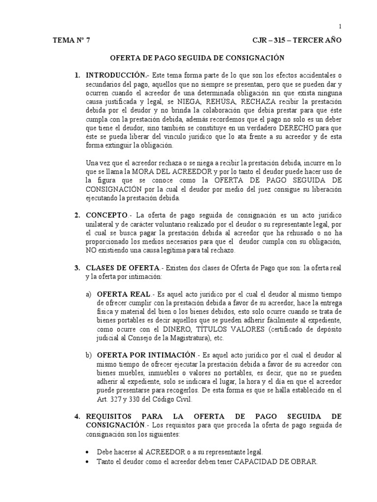 Tema 7. - Oferta de Pago Seguida de Consignacion | PDF | Pagos