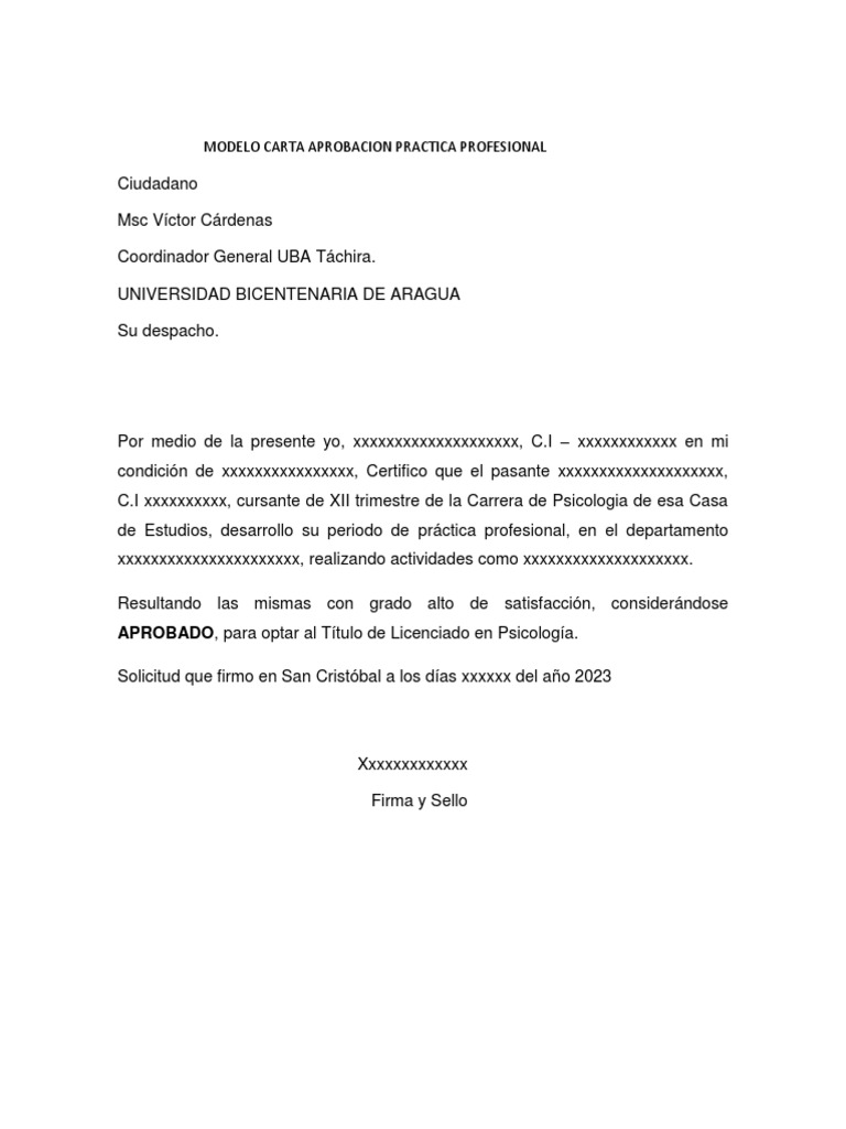 Modelo Carta Aprobacion Practica Profesional | PDF Modelo Carta Aprobacion Practica Profesional | PDF