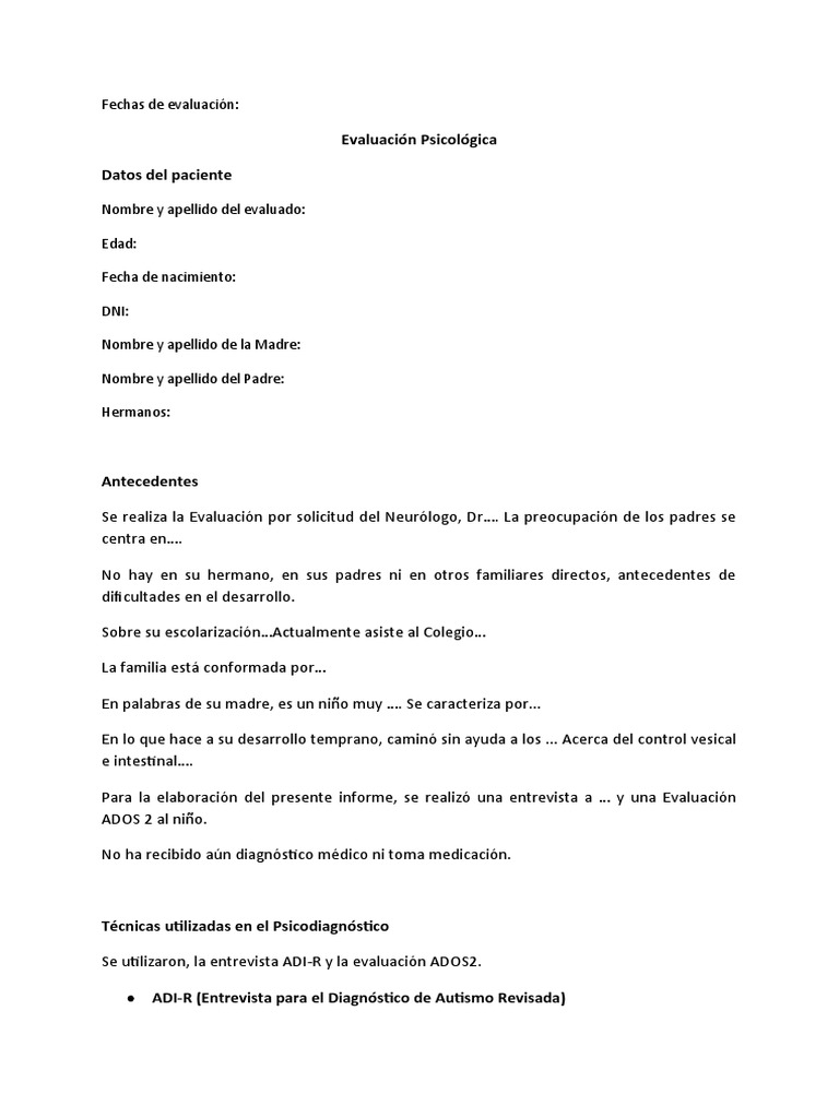 Modelo Informe ADIR Y ADOS2 | PDF | Espectro autista | Ciencia cognitiva
