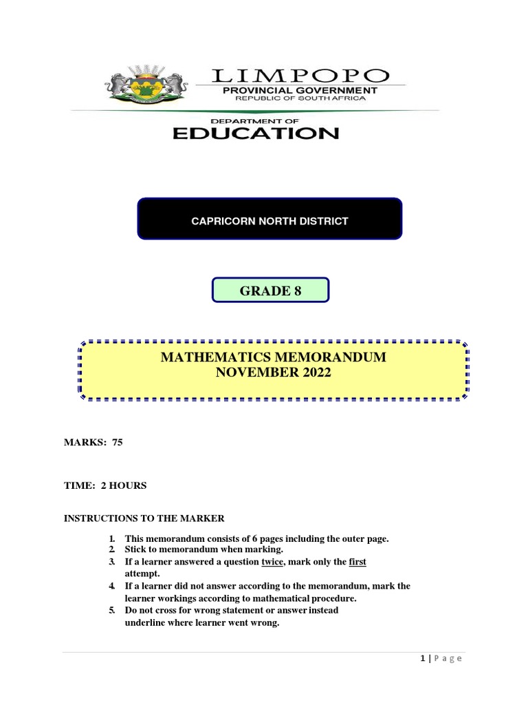 Grade 8 November 2022 Marking Guideline | PDF | Mathematics ...