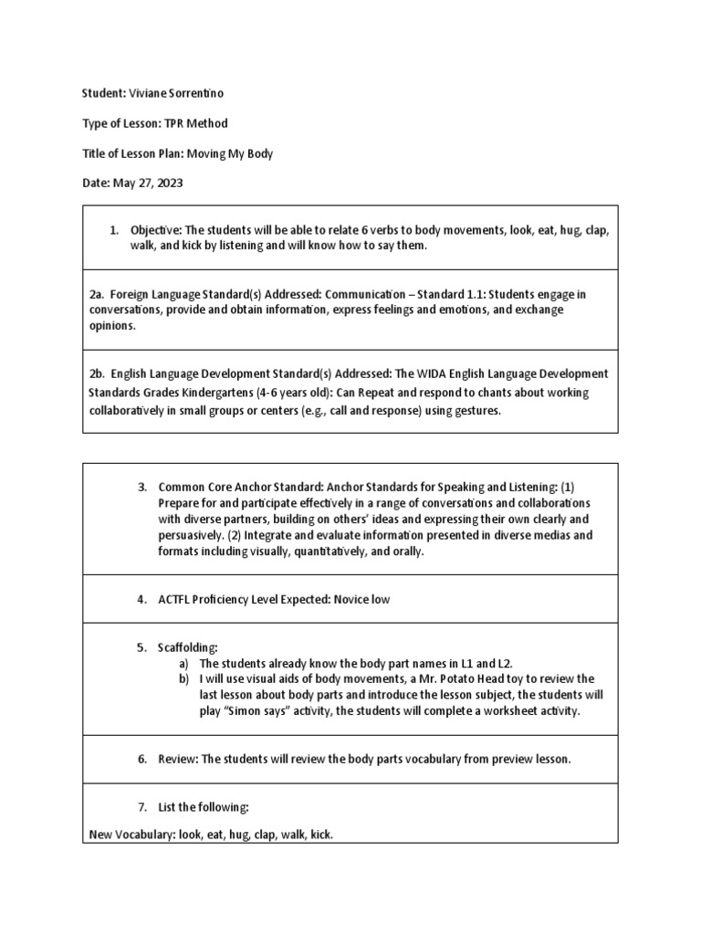 Moving My Body: TPR Lesson Plan | PDF | Teachers | English As A Second ...