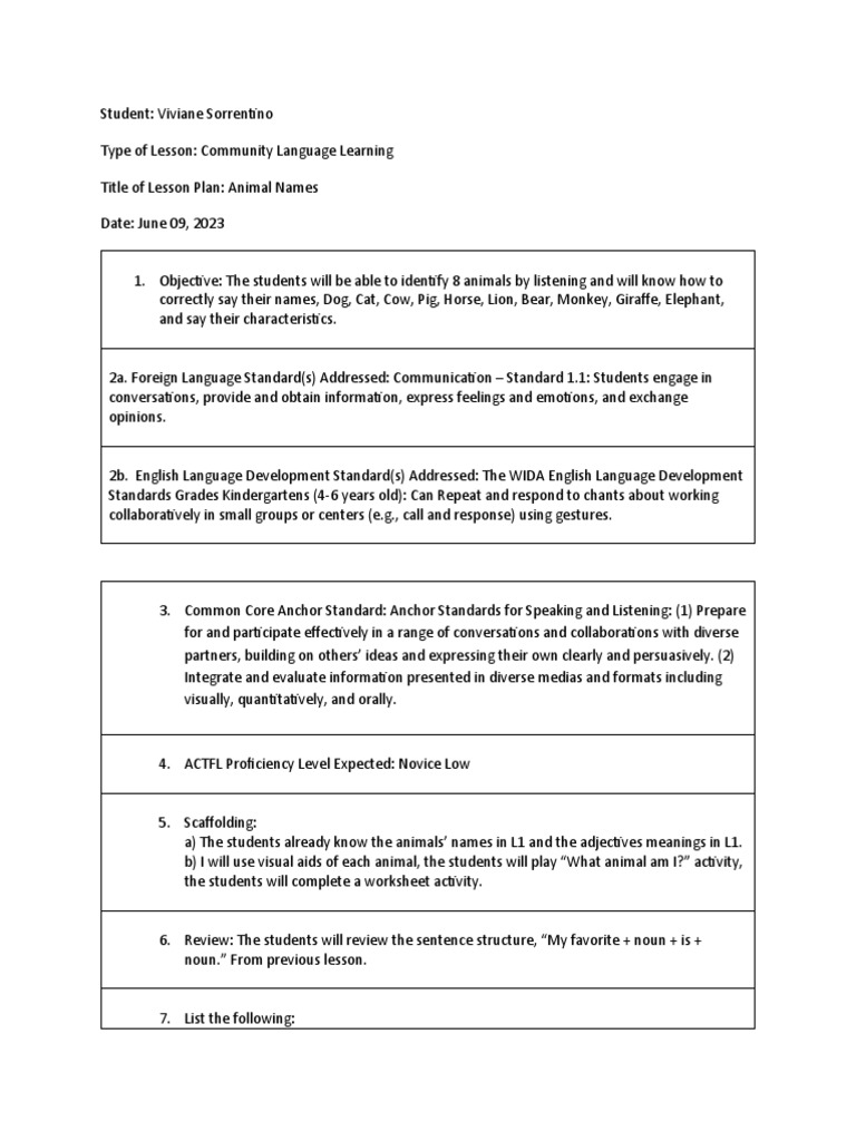 Lesson Plan Template Animals | PDF | Teachers | Language Development