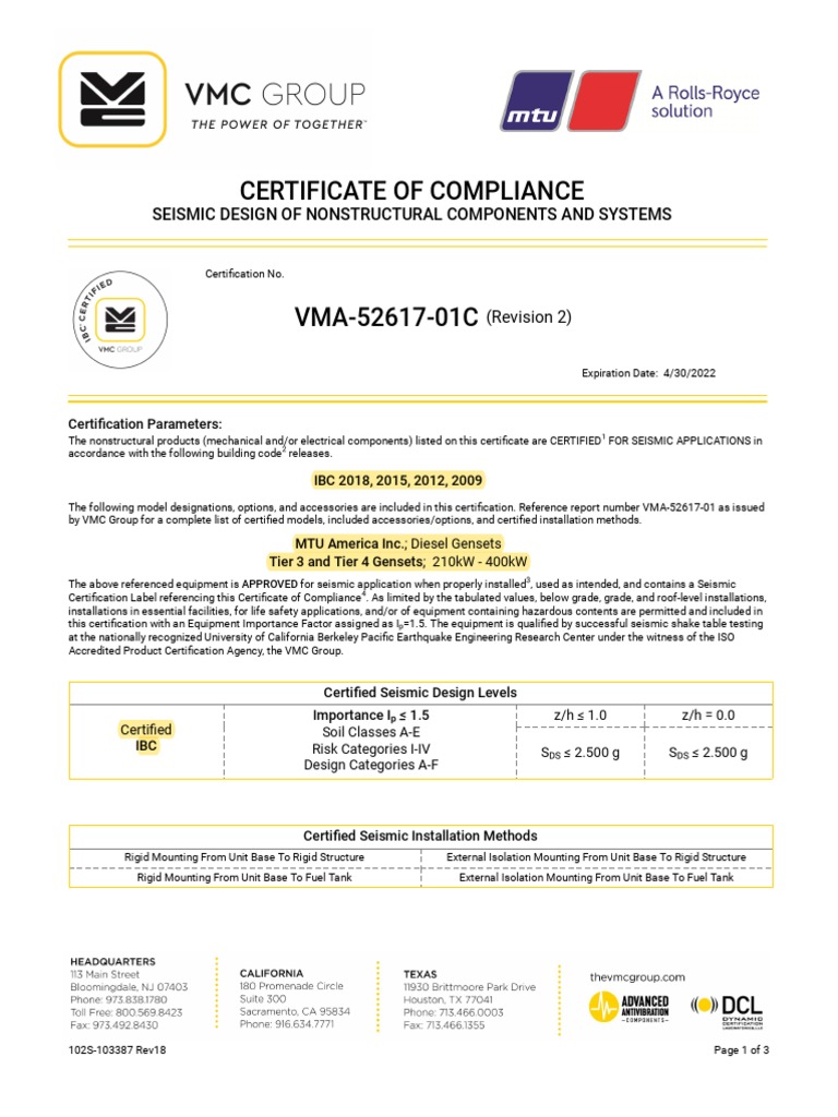(Doc_3)Modelo MTU_Certificacion_ Compliance IBC _VMA_MTU 210-400kW Tier ...