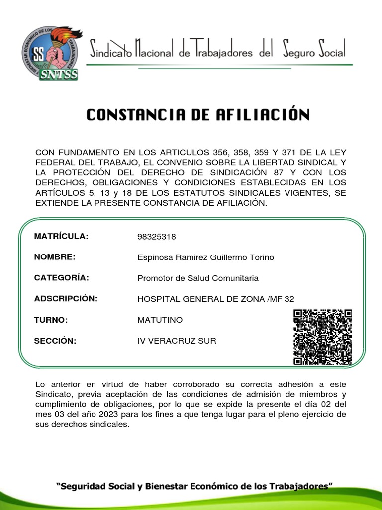 Constancia de Afiliación al SNTSS | PDF