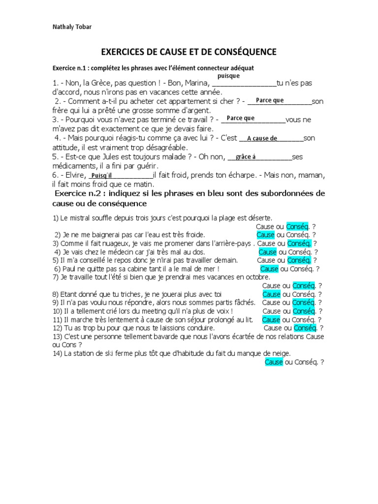 Exercices corrigés : Cause et Conséquence | PDF