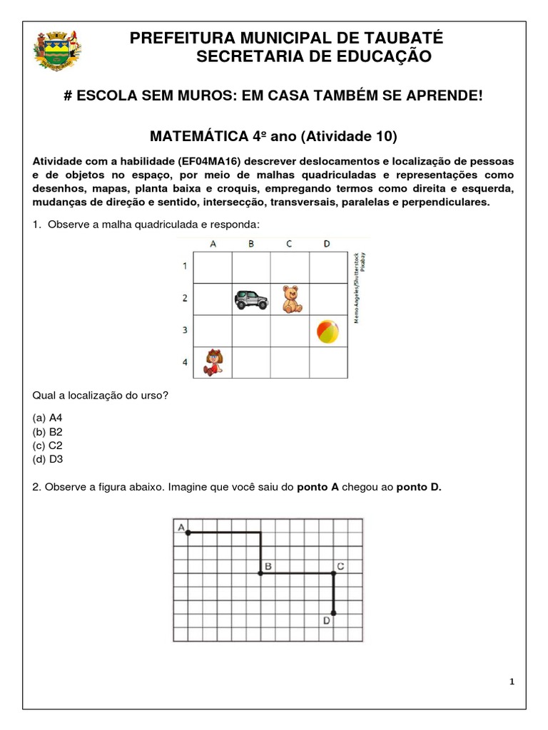Atividades de Localização e Deslocamento 4º Ano | PDF
