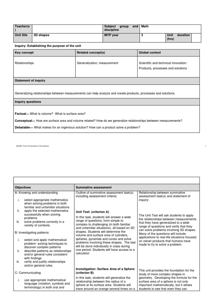MYP Year 3 Math: 3D Shapes Unit | PDF | Educational Assessment ...