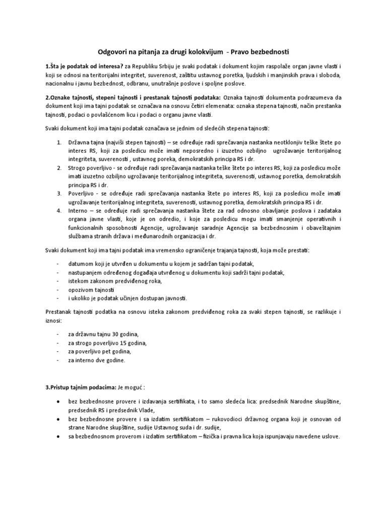 Pitanja I Odgovori Za Drugi Kolokvijum Pravo Bezbednosti | PDF