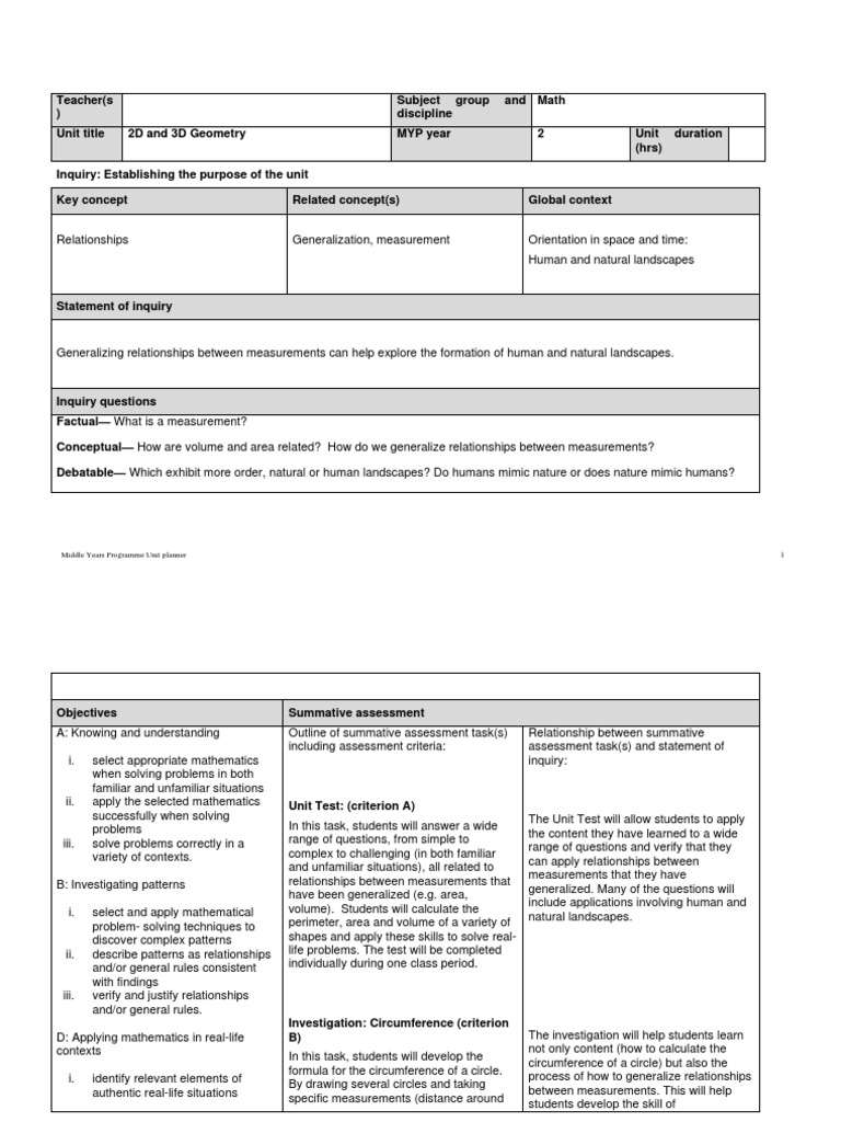 MYP 2 Geometry and Algebra Unit Plan | PDF | Educational Assessment ...