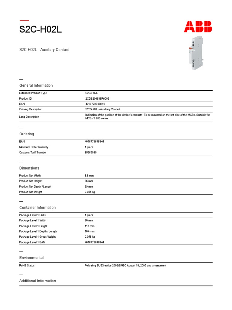 2CDS200936R0003 s2c h02l Auxiliary Contact | PDF | Electromagnetism | Electric Power