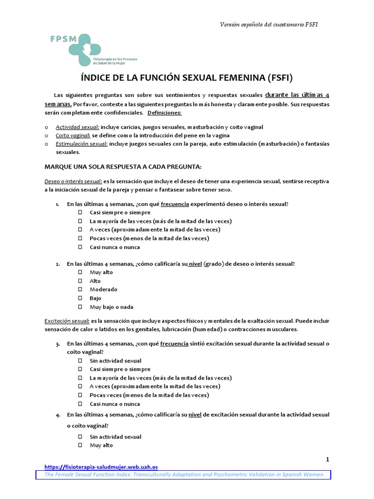 Cuestionario FSFI: Versión en Español | PDF | Relaciones sexuales | Orgasmo