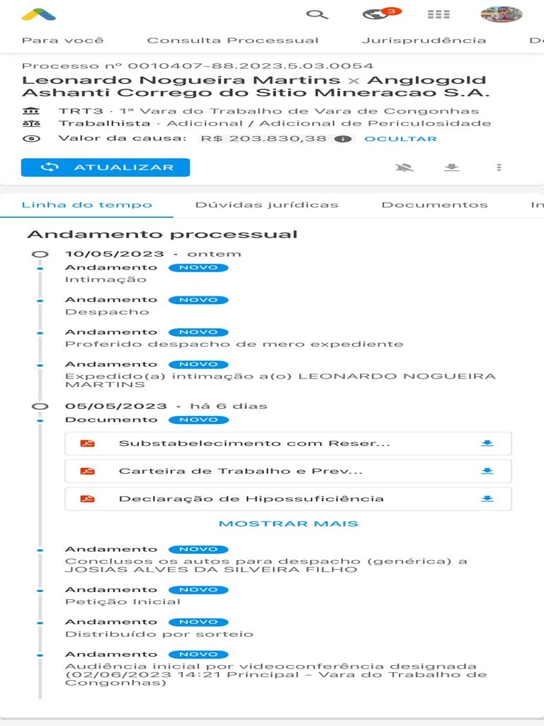 Leonardo Nogueira Martins X Anglogold Ashanti Corrego Do Sitio Mineracao S.A. - Processo ...