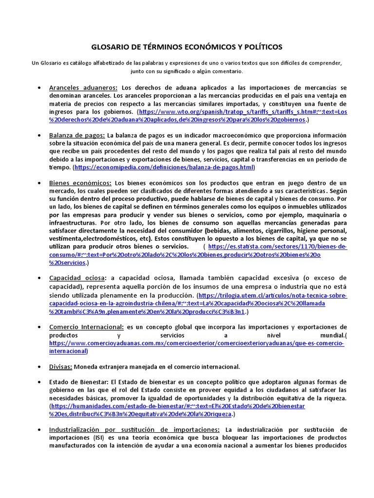 Glosario de Términos Económicos y Políticos | PDF | Bienes | aduana