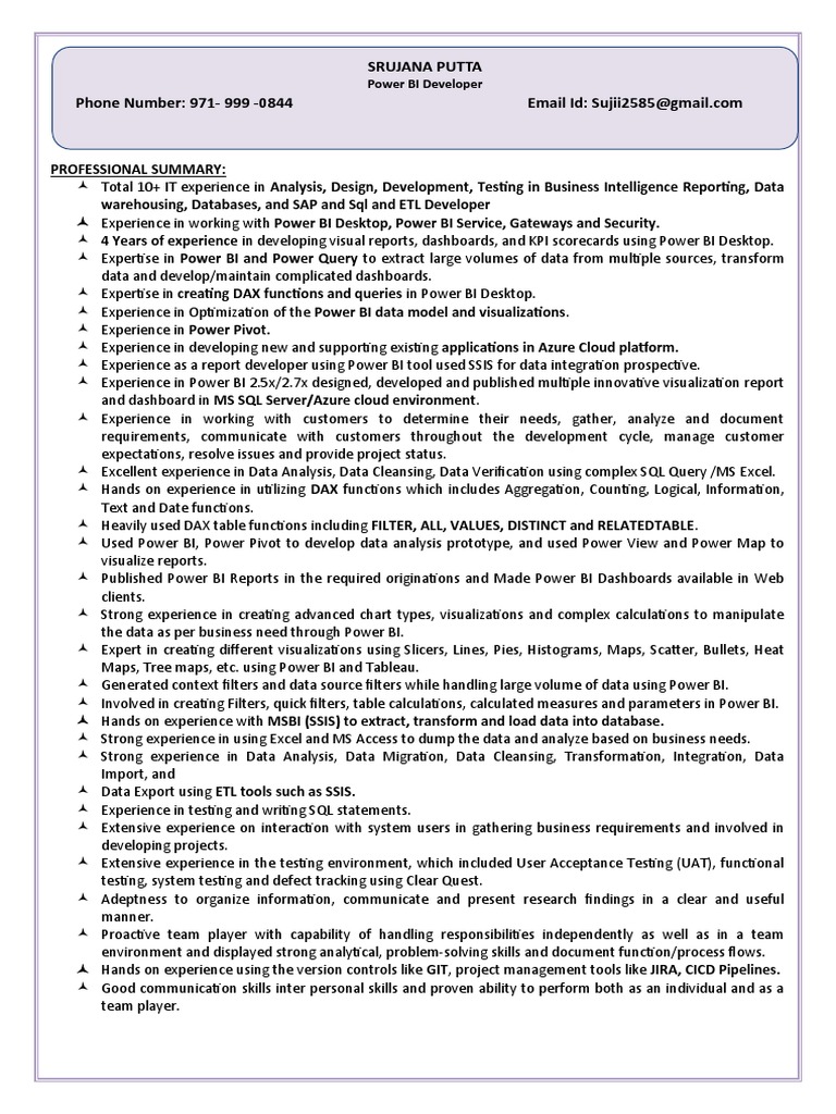 Power BI Developer Resume Summary | PDF | Microsoft Sql Server | Sql