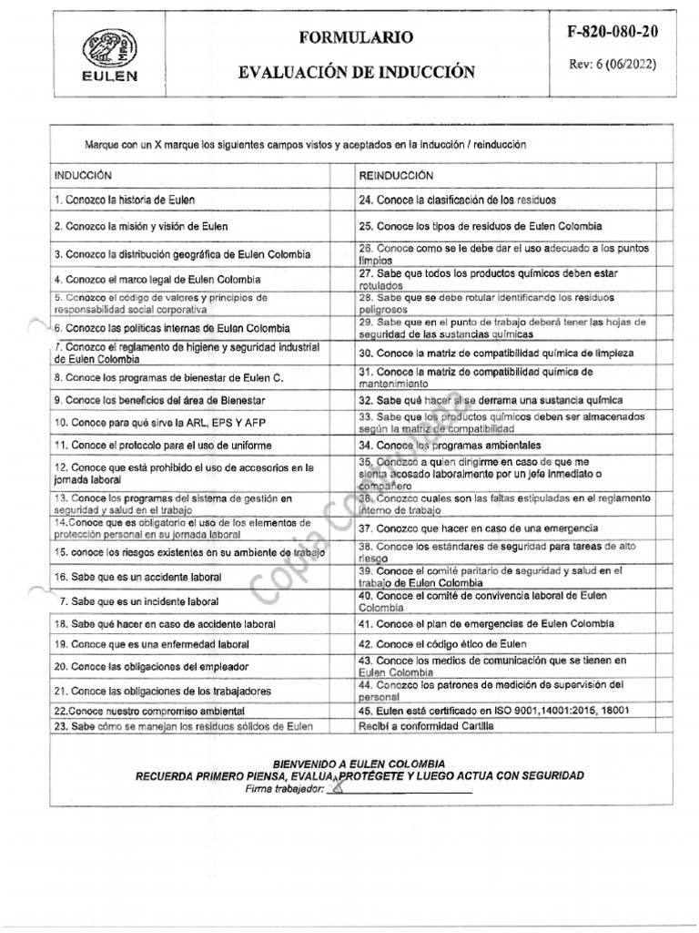 Formulario Evaluacion Induccion | PDF