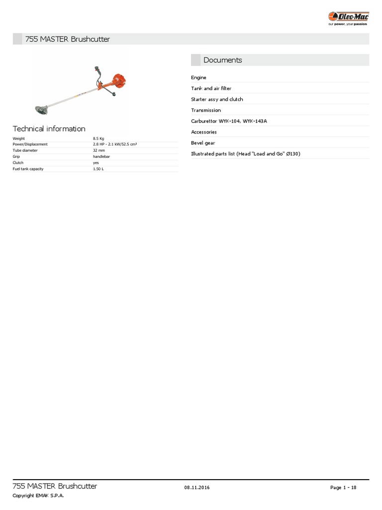Oleo Mac 755 Master Brushcutter | PDF | Clutch | Engine Technology
