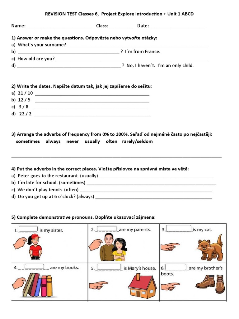 Revision Test Project Explore 1, Unit Intro+1ABCD | PDF