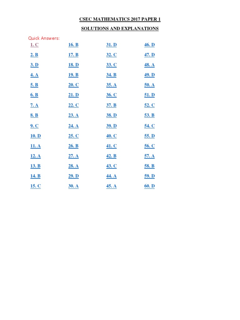 CSEC MATHEMATICS 2017 PAPER 1 (Solutions With Explanations) | PDF ...