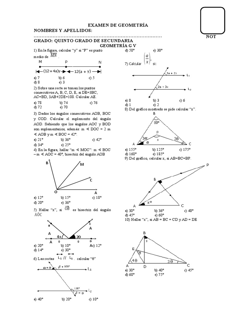 Examen 5to Grado Geometria | PDF | Geometría | Geometría Elemental