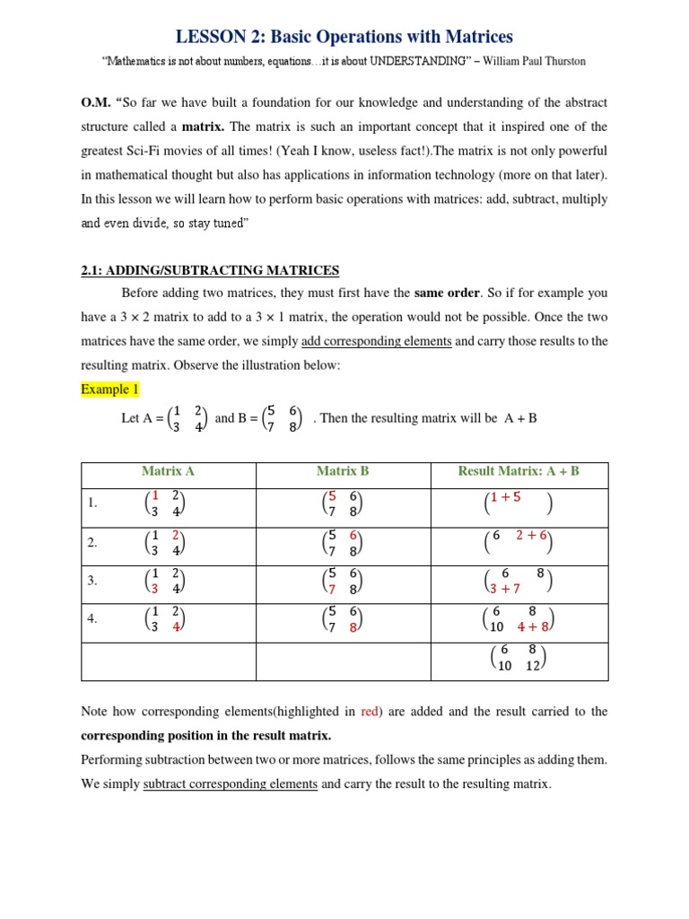 4th Form Math (Lesson 2 - Basic Operations With Matrices) | PDF | Matrix (Mathematics) | Determinant