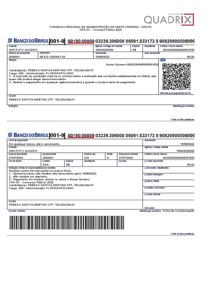 Quadrix - Boleto Concurso | PDF | Dinheiro | Pagamentos