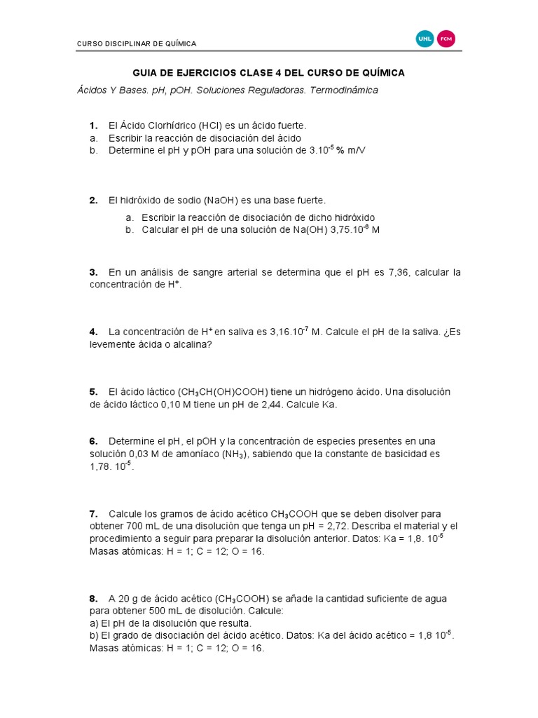Guía de Ejercicios Clase 4 | PDF | Ácido | Ph