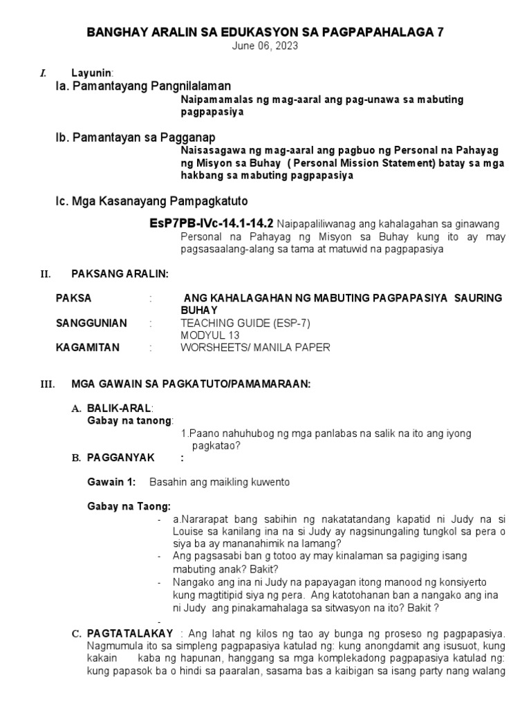 BANGHAY ARALIN SA EDUKASYON SA PAGPAPAHALAGA 7 Day 1 | PDF