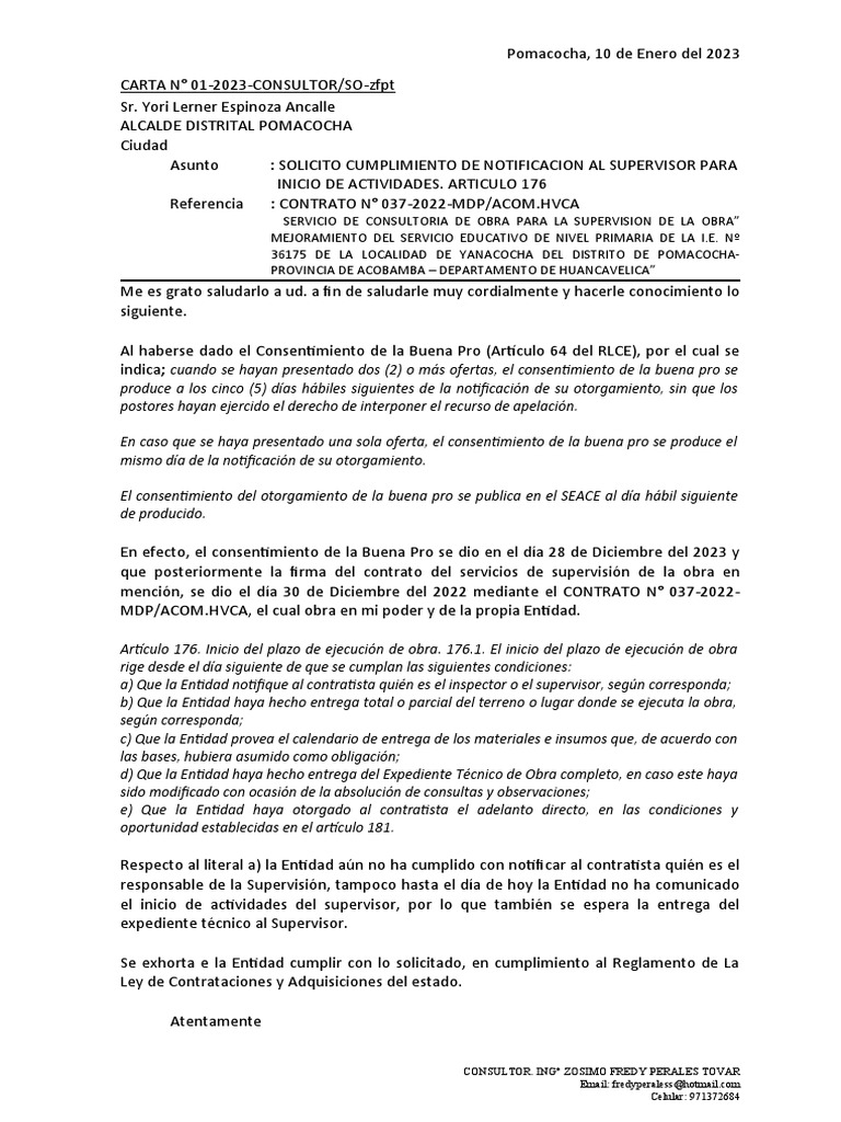 Carta N 01 Notificacion para Inicio de Supervisor de Obra | PDF | Gobierno | Justicia