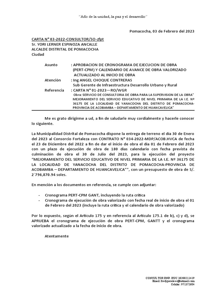 Carta N 03 Aprobacon de Cronograma de Obra | PDF | Presupuesto | Infraestructura