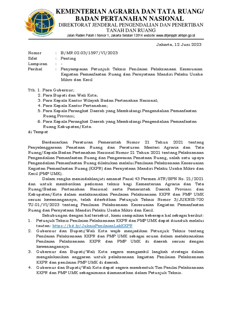 Penyampaian Juknis Penilaian Pelaksanaan KKPR Dan PMP UMK | PDF