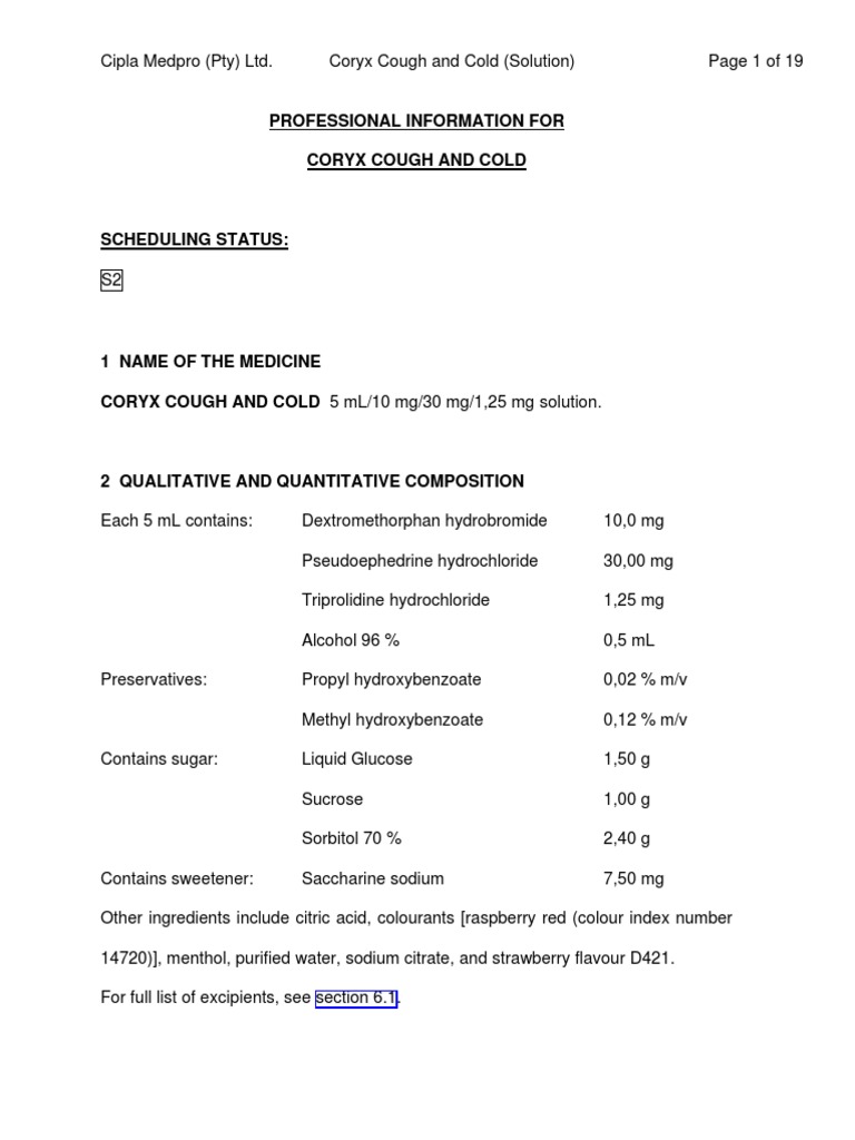 Pi Coryx Cough and Cold 270490 | PDF | Pharmacology | Diseases And ...