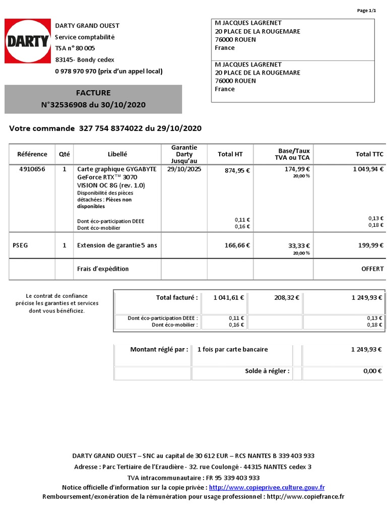 Facture Darty : Carte Graphique RTX 3070 | PDF | Économie | Argent