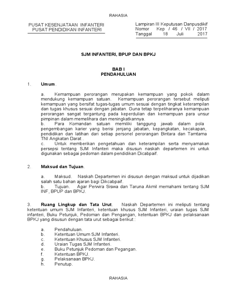 SJM Infanteri, Bpup Dan BPKJ Bab I Pendahuluan Umum.: Rahasia | PDF