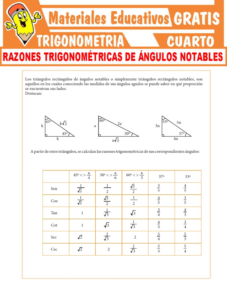Razones Trigonométricas de Ángulos Notables para Cuarto Grado de Secundaria | PDF ...