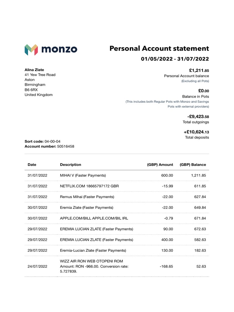 Monzo Bank Statement 2022 05 01-2022 07 31 4400 | PDF | Deposit Account ...