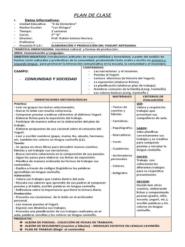 Nuevo Plan de Clase. Modelo | PDF | Evaluación | Bolivia