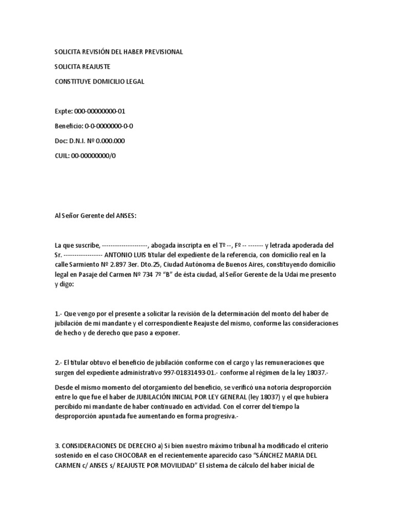 carta anses SOLICITA REVISIÓN DEL HABER PREVISIONAL | PDF | Jubilación | Derecho Constitucional