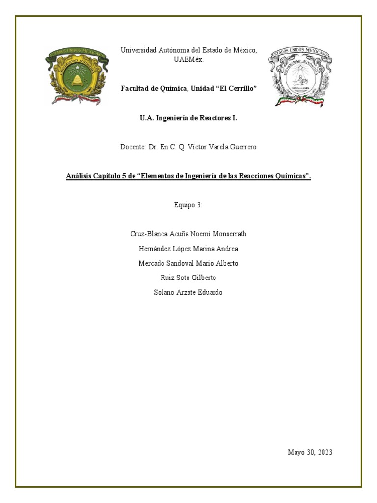 Trabajo Escrito - Capitulo 5 - Reactores | PDF | Reactor Quimico | Calor