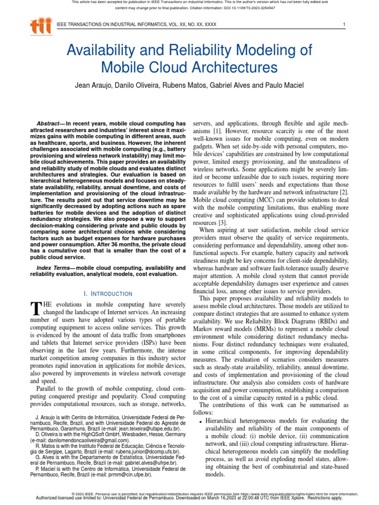 01 Availability and Reliability Modeling of Mobile Cloud Architectures | PDF | Cloud Computing ...