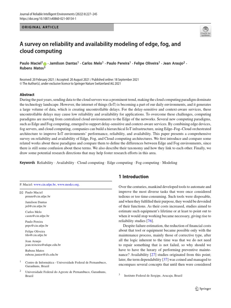 05 - A Survey On Reliability and Availability Modeling of Edge, Fog, and Cloud Computing | PDF ...