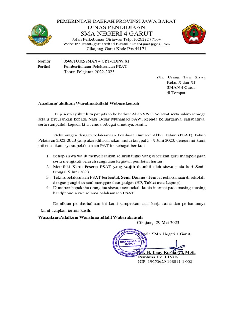 Pemberitahuan Pelaksanaan PSAT 2023 | PDF