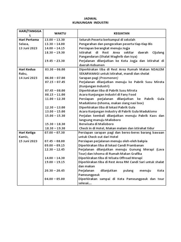 Jadwal Perjalanan Kunjungan Industri | PDF