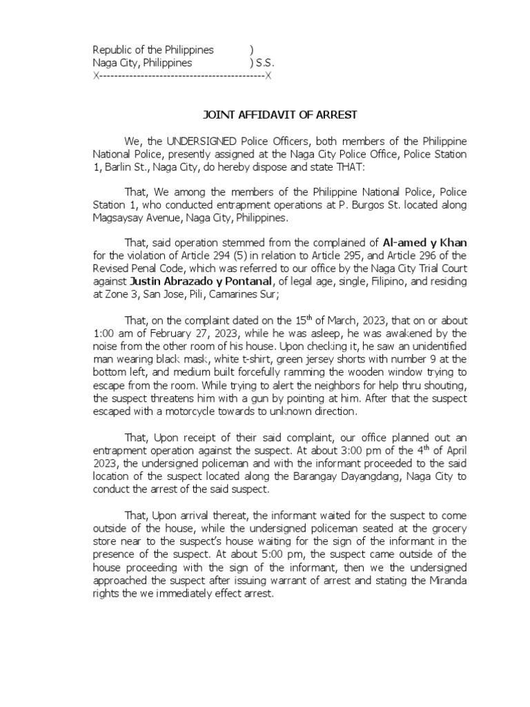Joint Affidavit of Arrest | PDF | Affidavit | Criminal Law