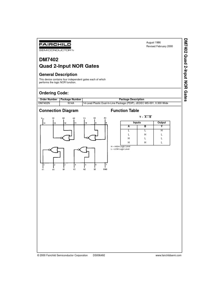 DM7402 Quad 2-Input NOR Gates: General Description | Manufactured Goods ...