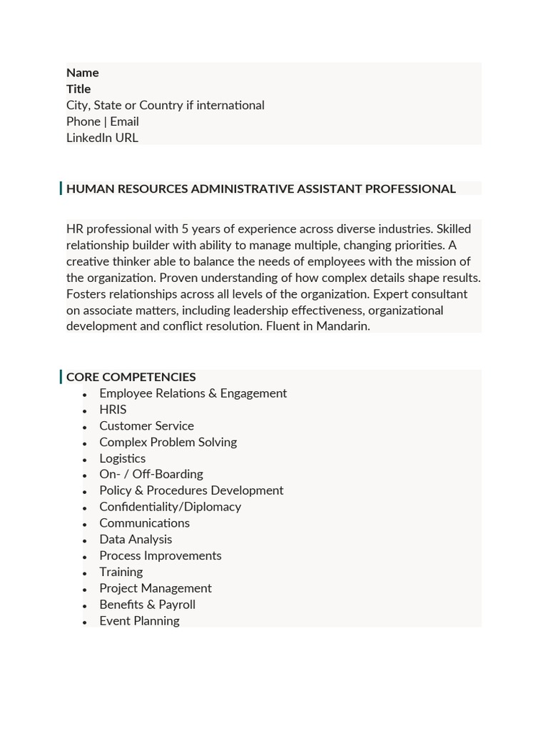 HUMAN RESOURCES ADMINISTRATIVE ASSISTANT PROFESSIONAL CV | PDF | Human ...