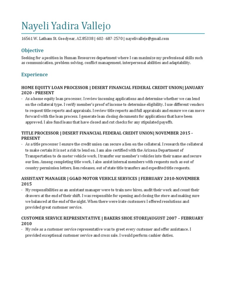 Nayeli Vallejo Resume | PDF | Loans | Credit