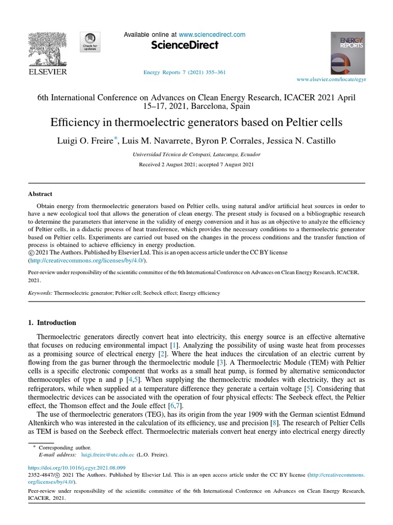 Efficiency In Thermoelectric Generators Based On Peltier Cells Pdf