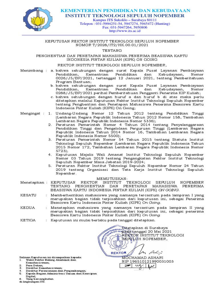 2028 SK Rektor TTG Penghentian - Penetapan Mahasiswa Penerima Beasiswa ...